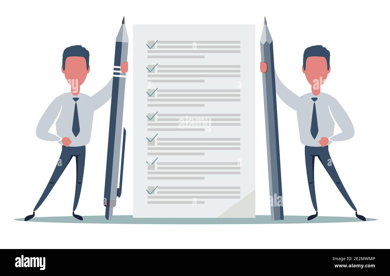 Happy people holding a pencil and a pen standing at completed checklist ...