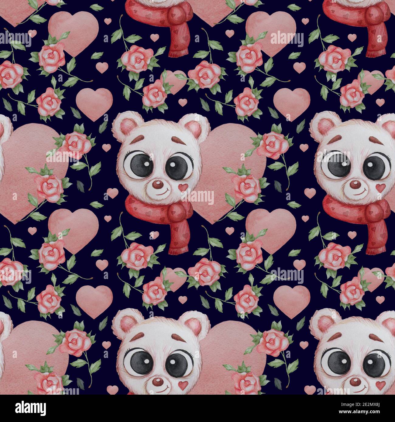 Seamless patterns. Portrait of white polar bear in a red scarf on a ...