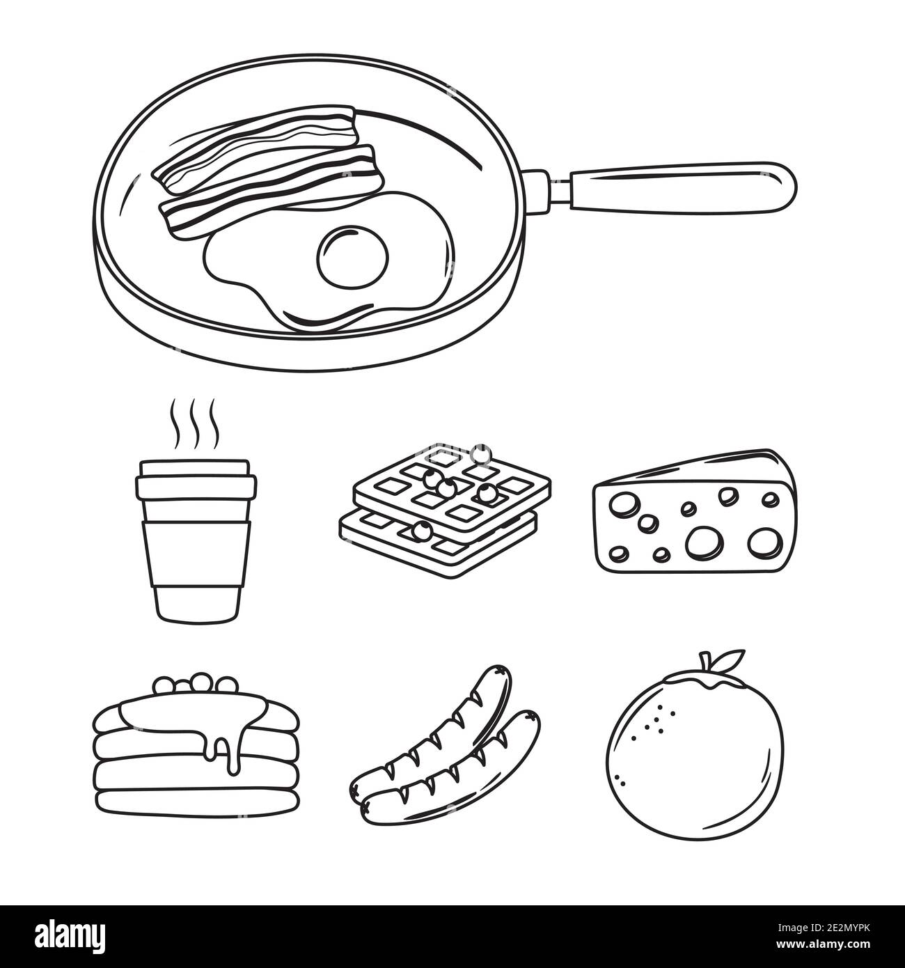 breakfast icons set, fried egg and bacon in saucepan, coffee sausage ...