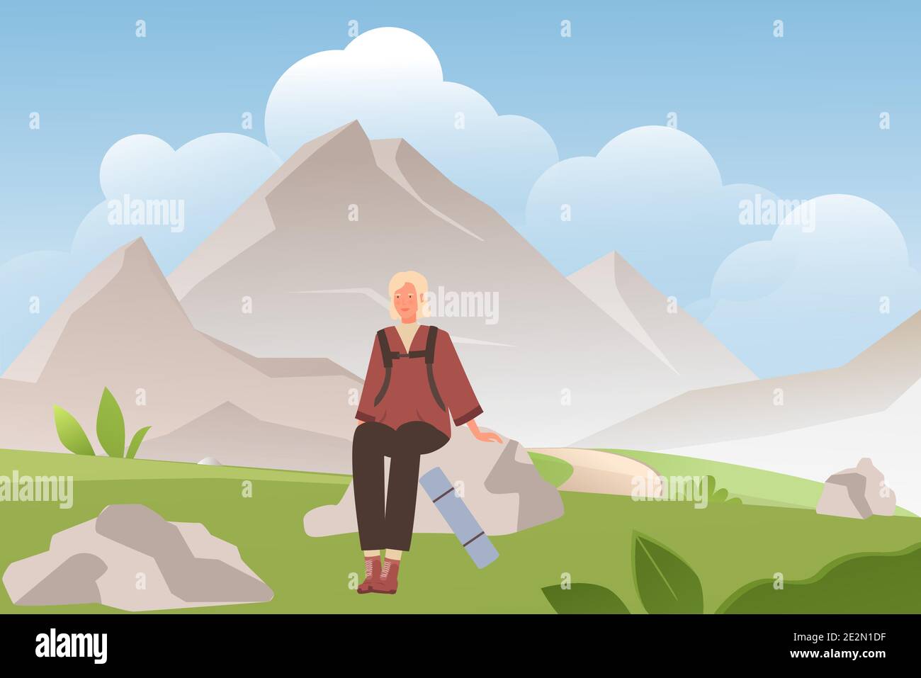 Woman in summer adventure vector illustration. Cartoon female tourist ...