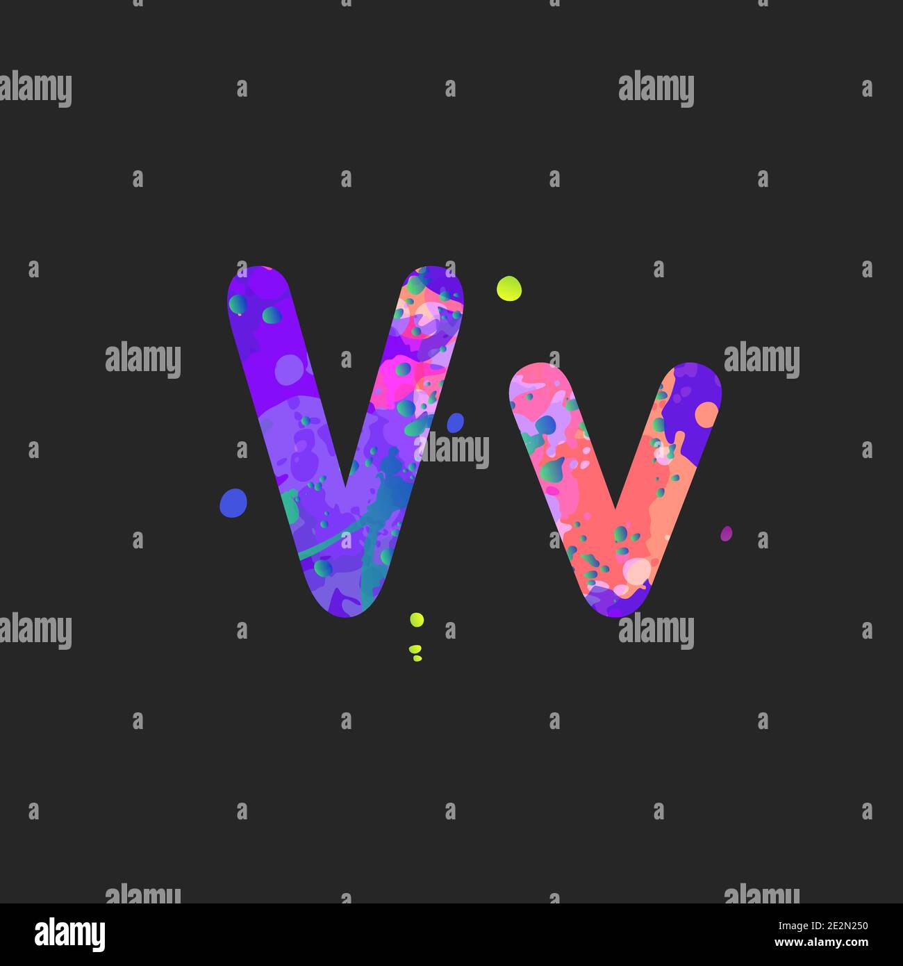 Letters V uppercase and lowercase with effect of liquid spots of paint ...