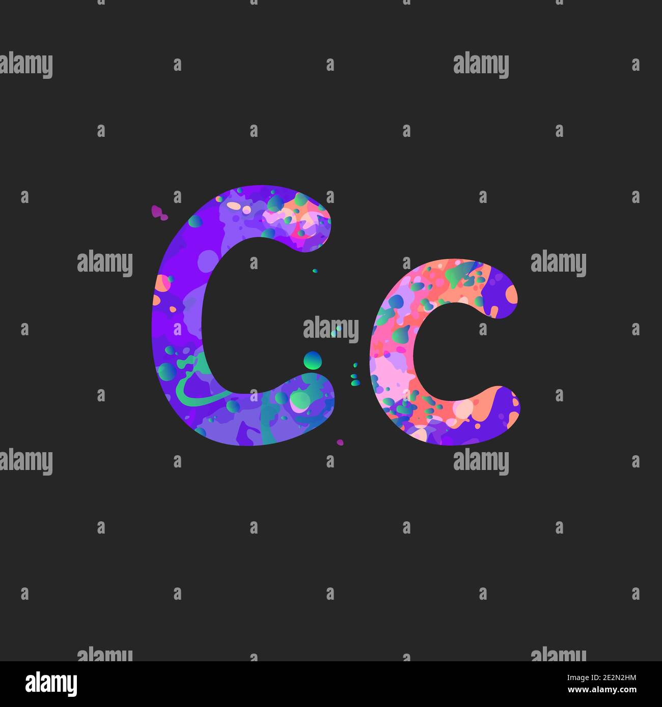 Letters C uppercase and lowercase with effect of liquid spots of paint ...