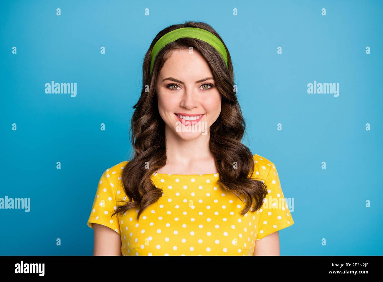 Photo of nice sweet young lady toothy smiling into camera isolated over ...