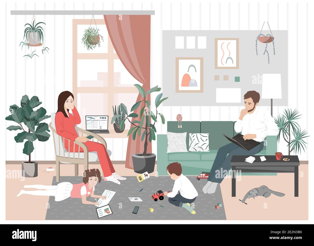 Young family couple and kids stay home and have distant work and ... Young family couple and kids stay home and have distant work and ...