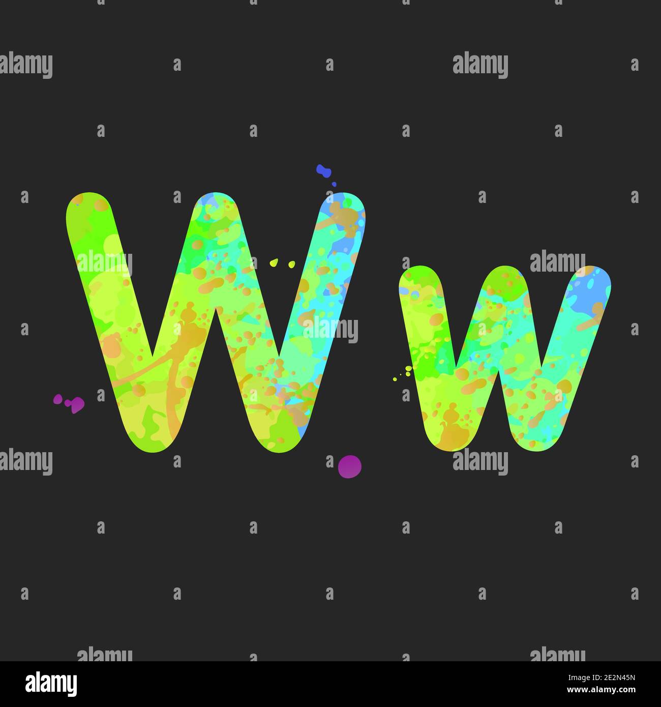 Letters W uppercase and lowercase with effect of liquid spots of paint ...