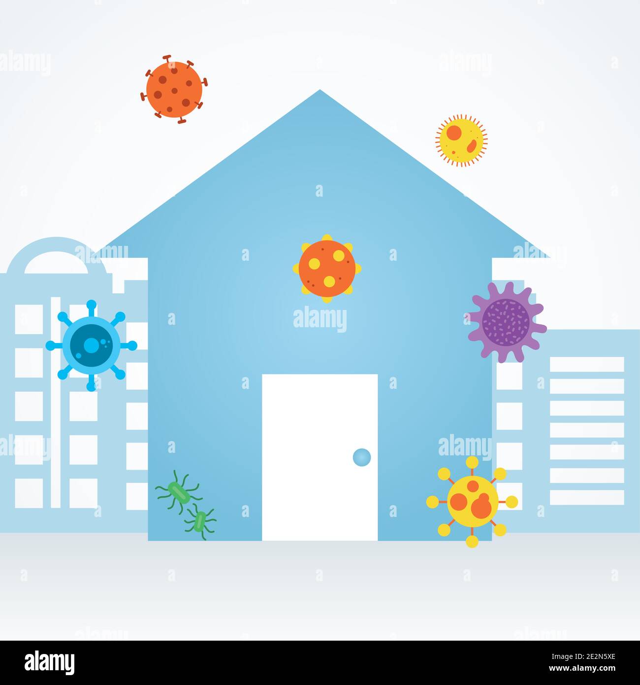 virus and bacteria around the houses and city over white background ...