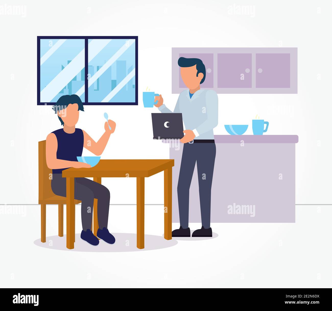 daily routines design, men in the house eating and working with a ...