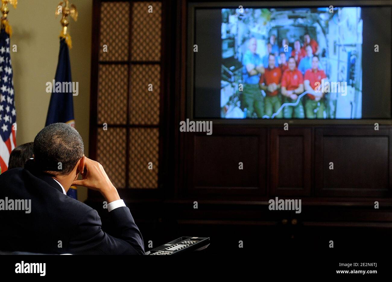 US President Barack Obama congratulates the astronauts on the ...