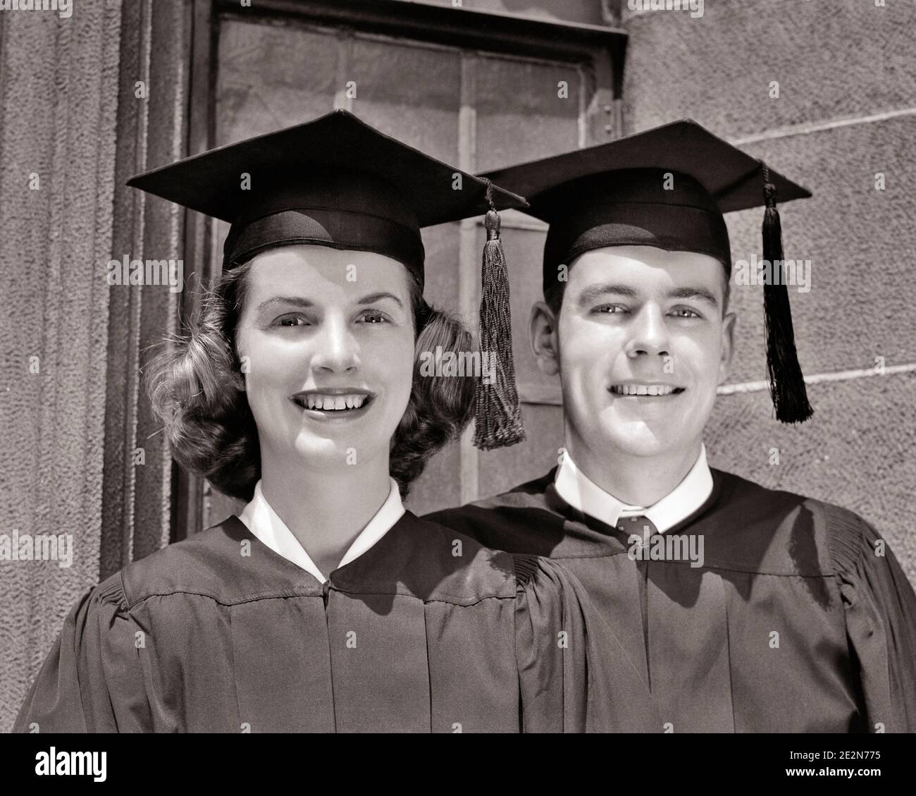 1950s SMILING COUPLE MAN AND WOMAN COLLEGE GRADUATES WEARING CAP AND ...