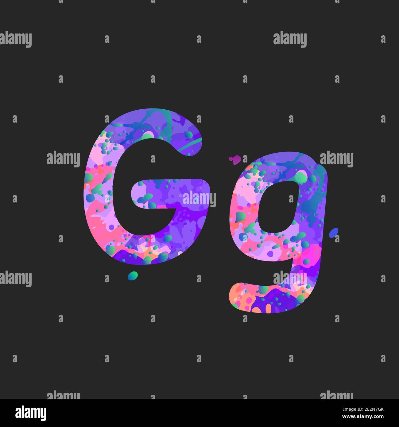 Letters G uppercase and lowercase with effect of liquid spots of paint ...