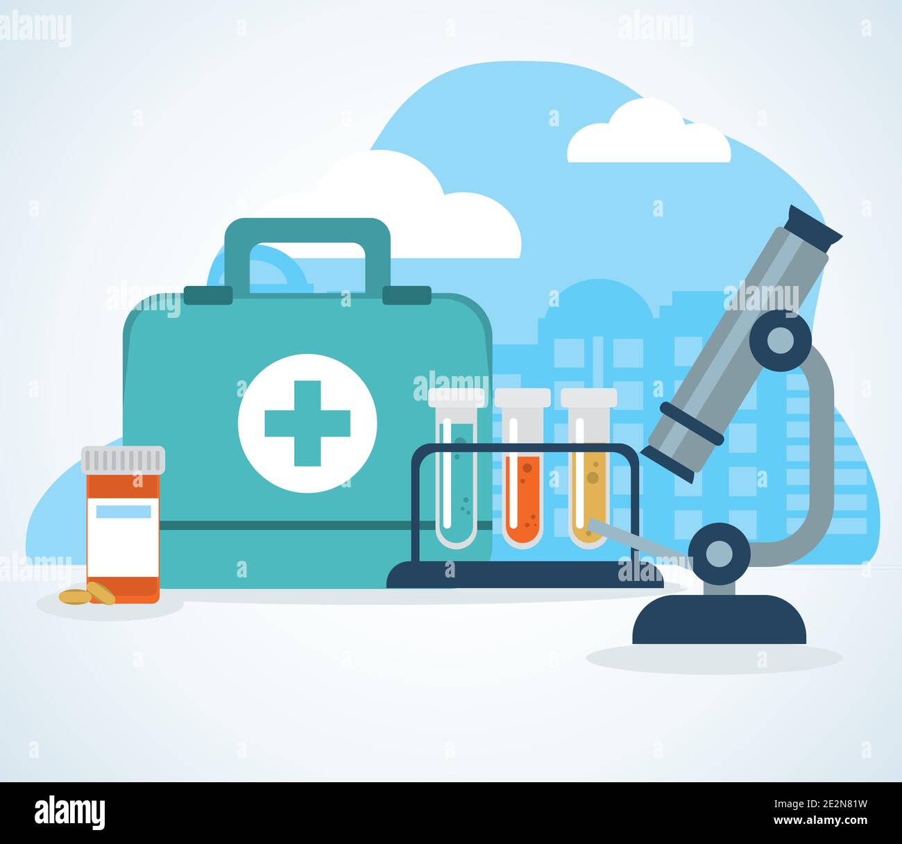 medical first aid kit, microscope and related icons over white ...