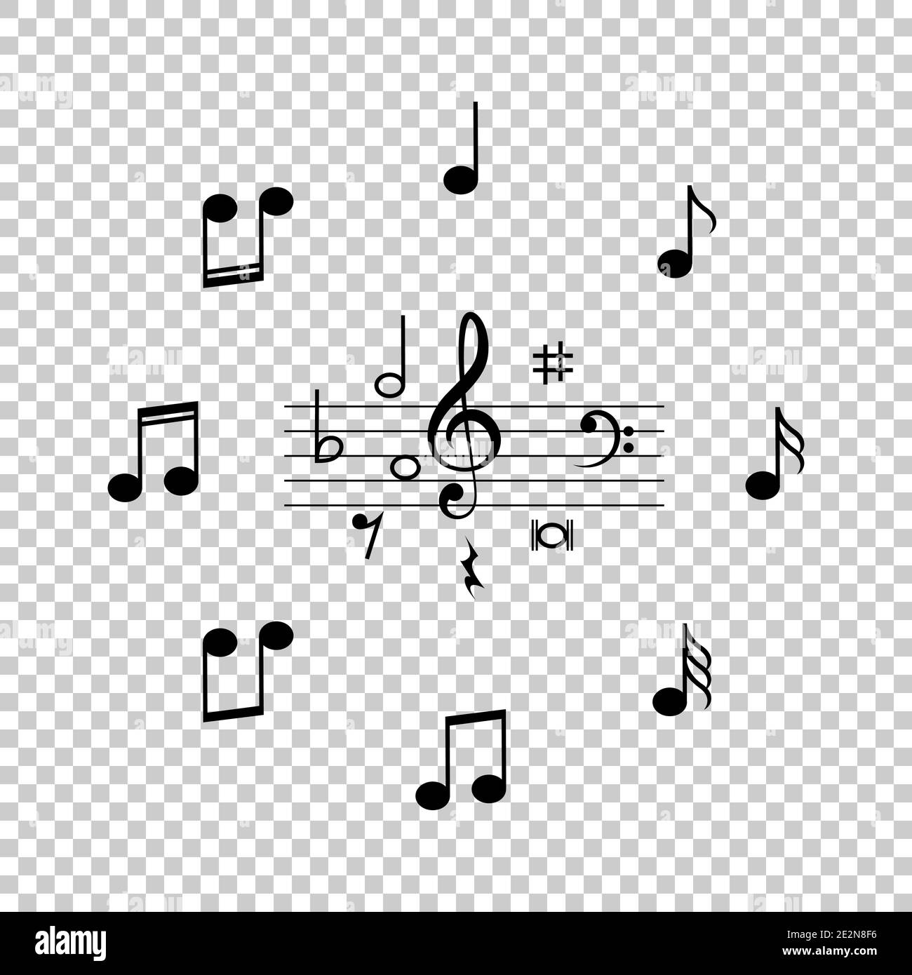 Set of black music notes icon isolated on transparent background ...