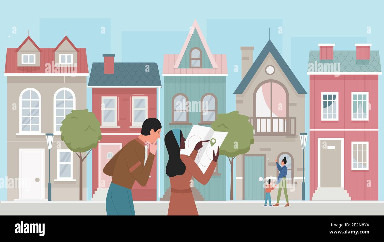 People tourists travel in old city vector illustration. Cartoon young ...