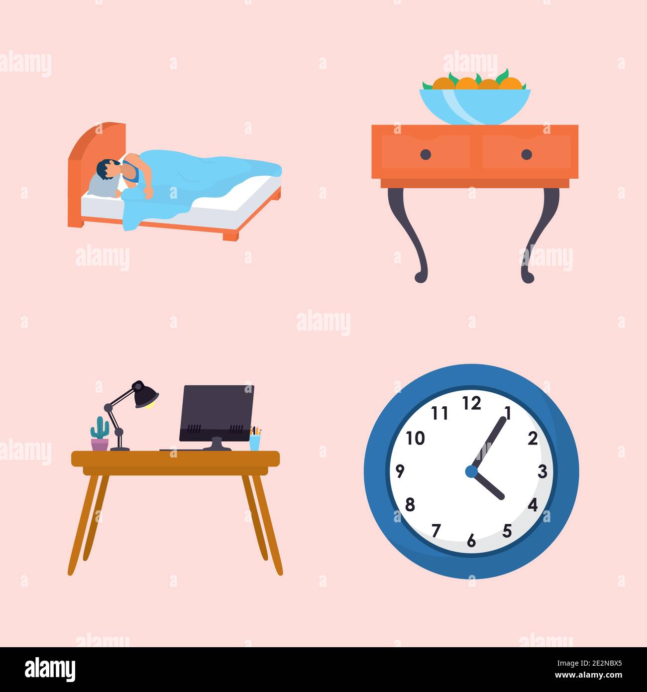furniture and daily routines icon set over pink background, flat style ...