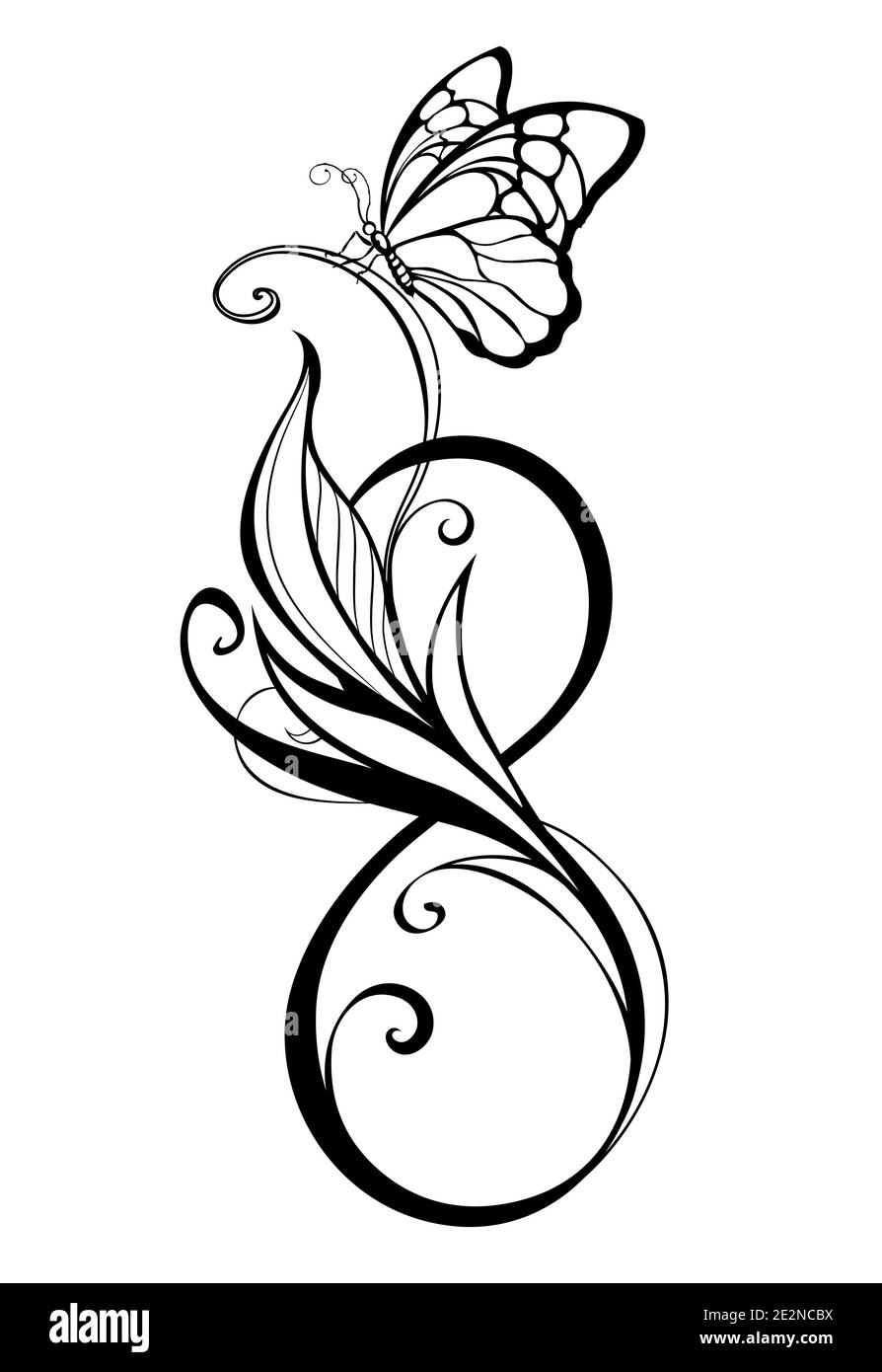 Number eight from intertwined, contour plants with seated butterfly on ...