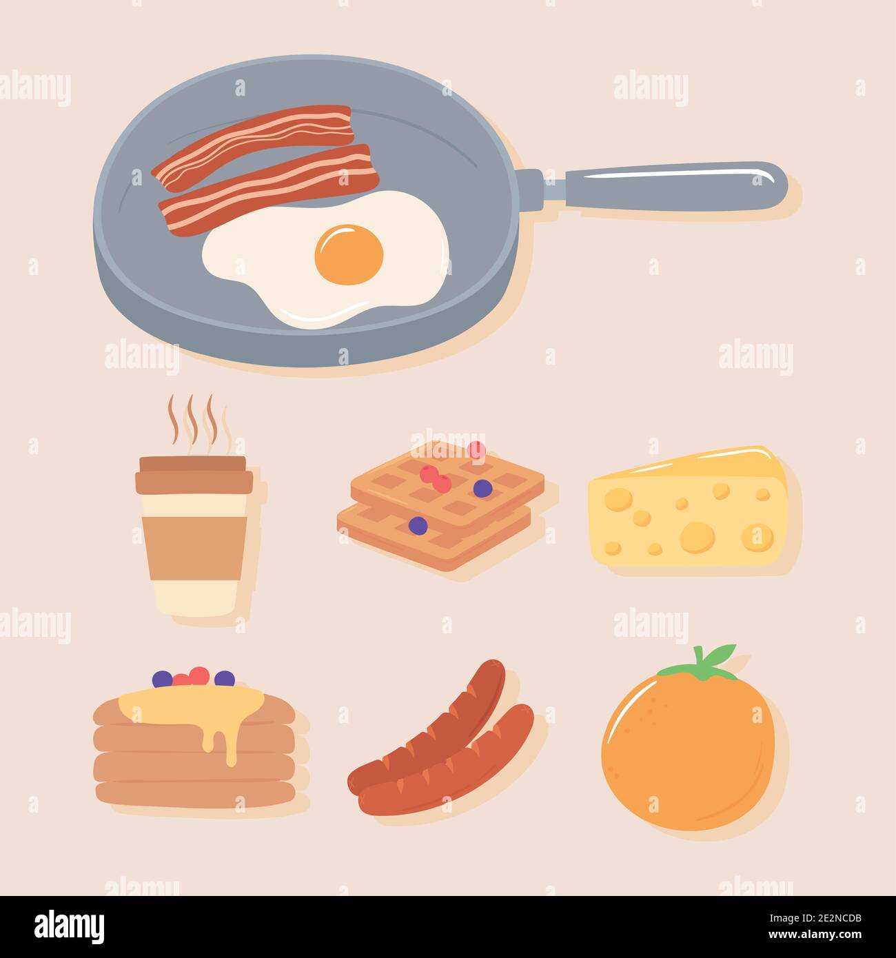 breakfast icons set, fried egg and bacon in saucepan, coffee sausage ...