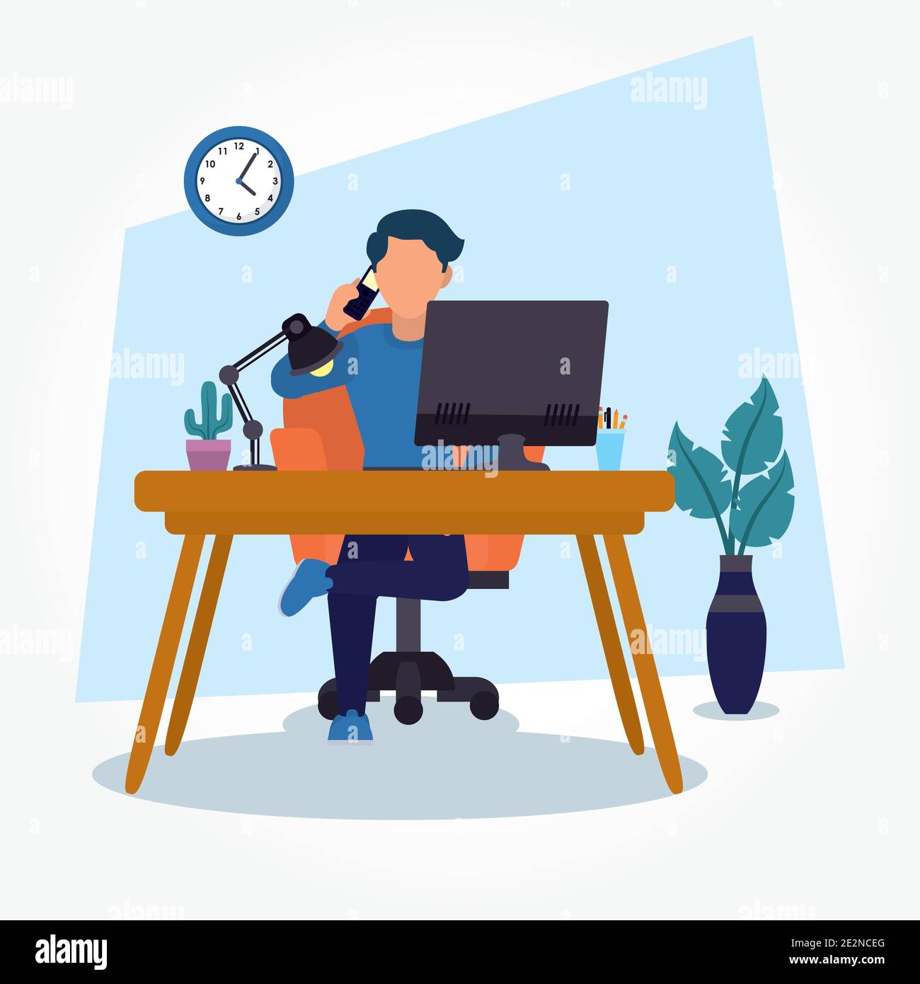 daily routines design with Man working at the home office over white ...