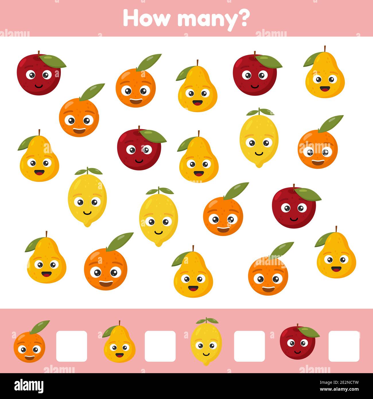 Vector illustration. How many fruits. Apple, pear, orange and lemon ...