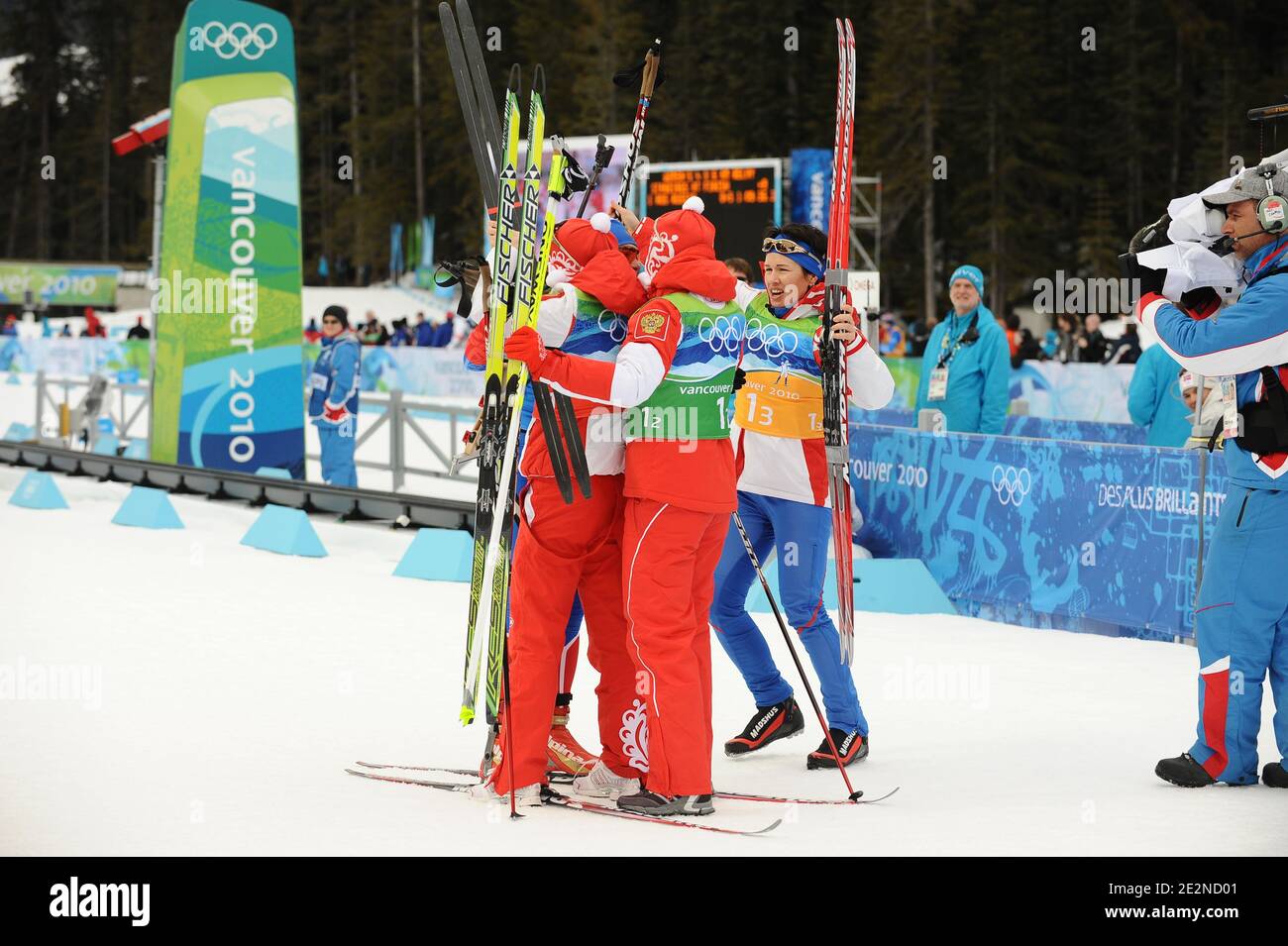Russia women team celebrates after winning the Biathlon Women's 4 x 6km ...