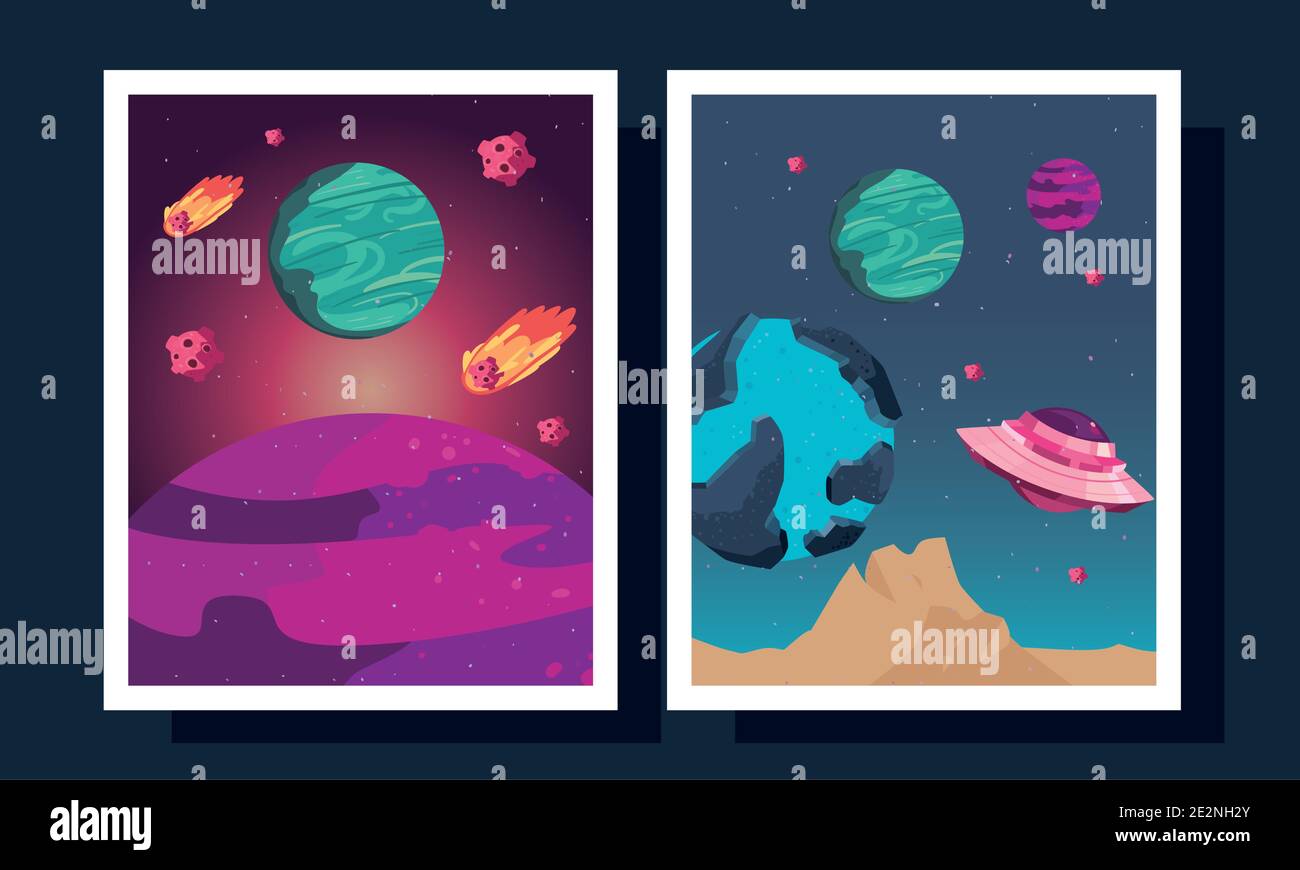 Space planets and ufo in frames of universe cosmos and futuristic theme ...