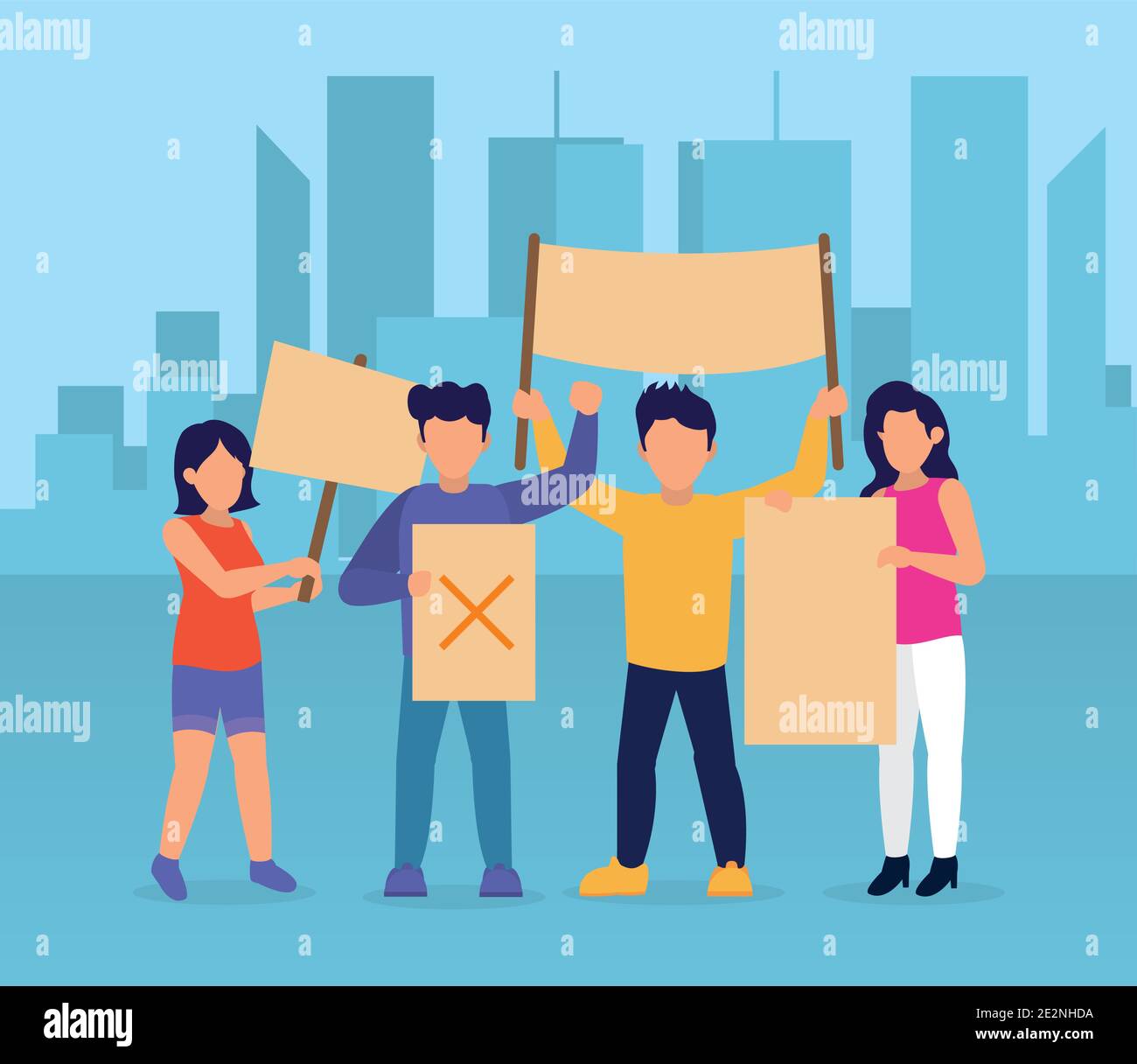 cartoon people standing protesting with placards over blue background ...