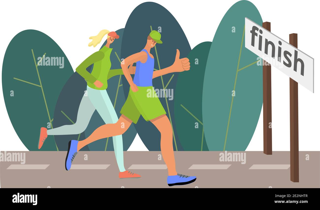 A man and a woman run to the finish line and give a thumbs up. Symbol ...