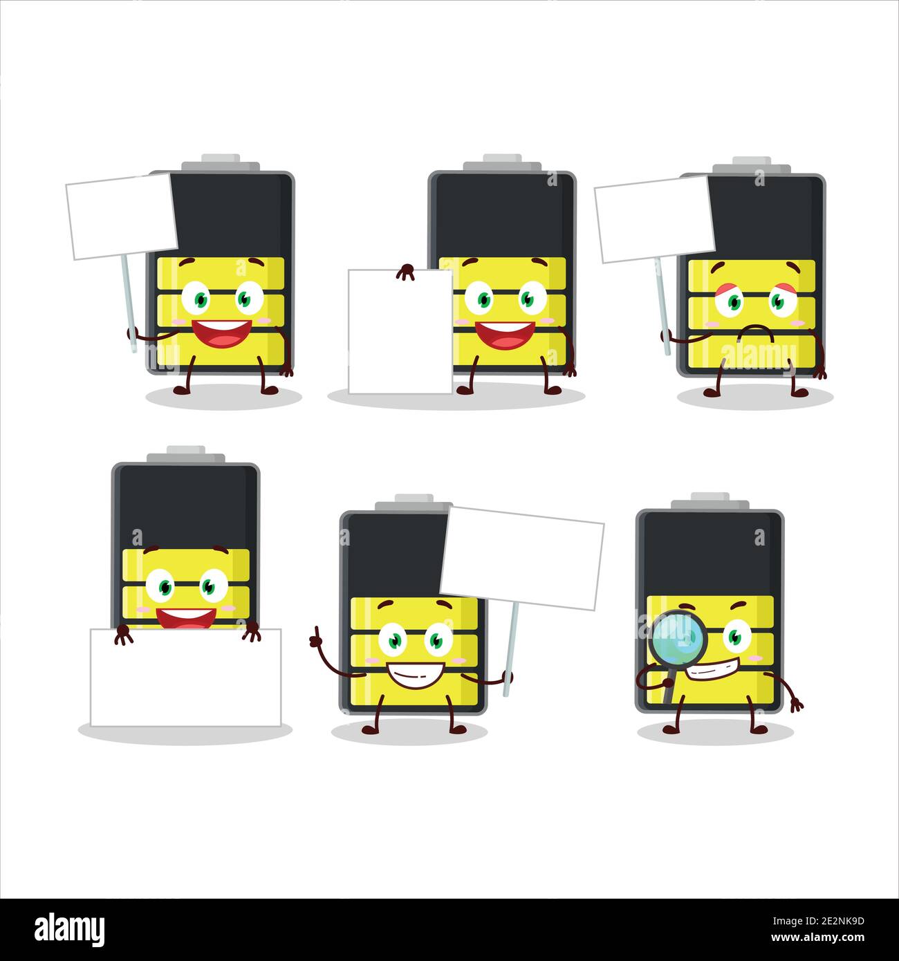 Medium battery cartoon character bring information board. Vector ...
