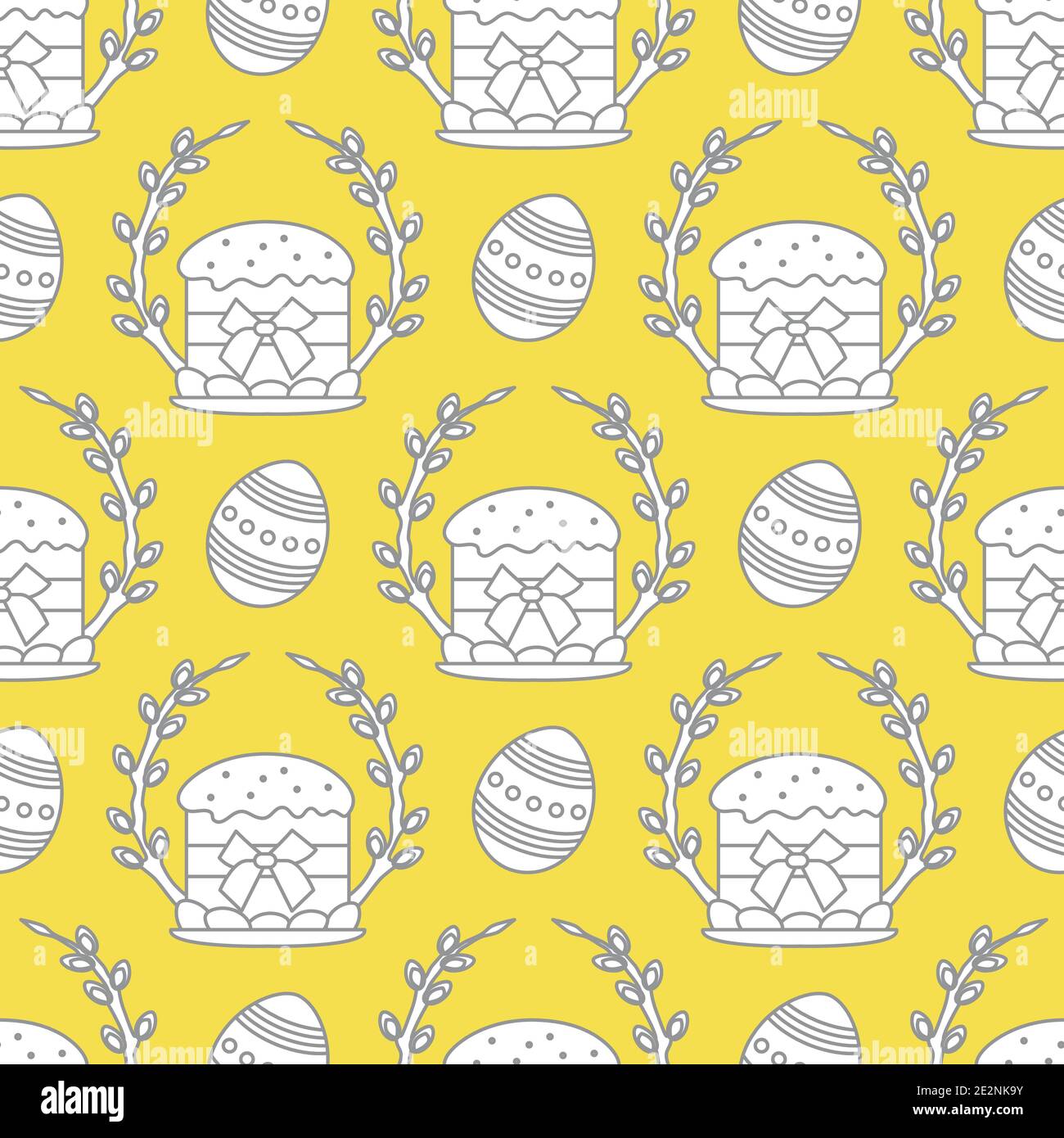 Vector seamless pattern Happy Easter. Easter cake, decorated eggs, willow twig. Festive ...