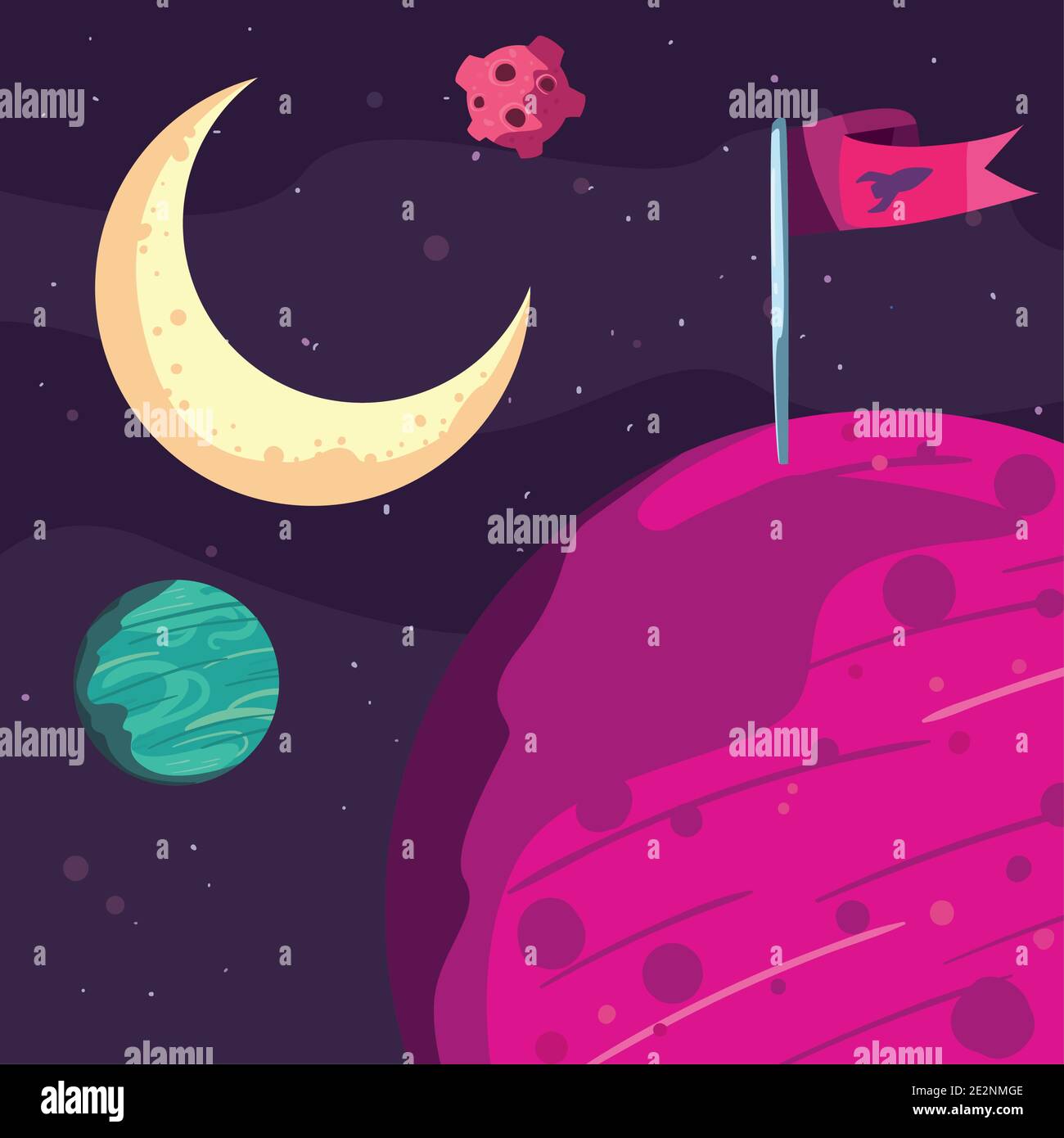 Space pink planet with flag and moon of universe cosmos and futuristic ...
