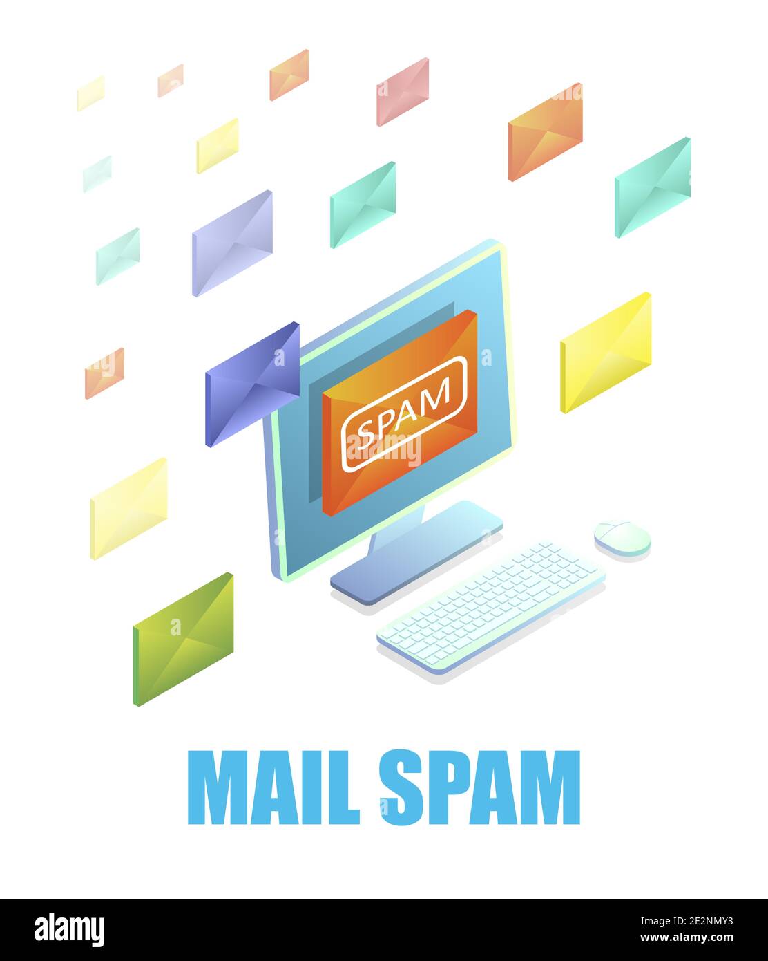 Email spam. Isometric computer with a lot of mail messages, vector ...