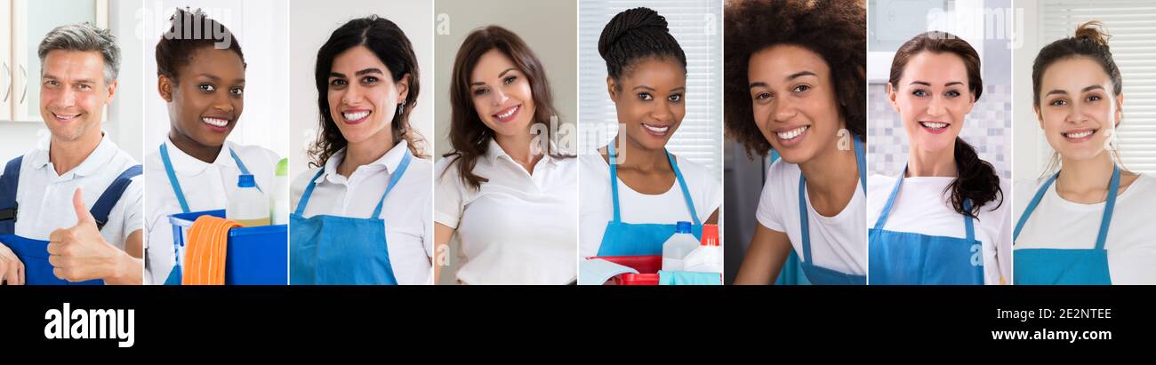 Smiling Janitor Cleaning Team Or Group In Uniform Stock Photo - Alamy