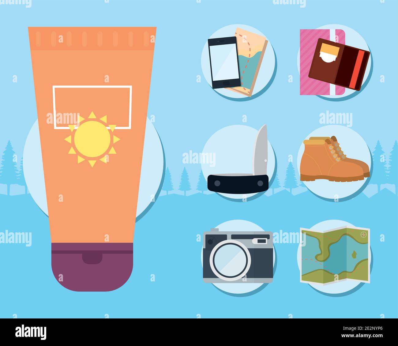 sun block and travel stuffs icon set over blue background, colorful ...