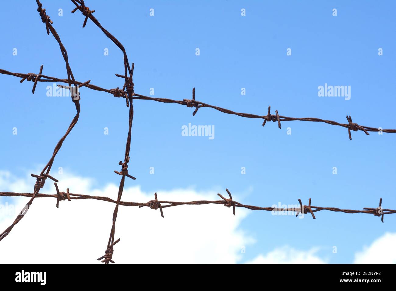 Rusty barbed wire and blue sky background Stock Photo - Alamy