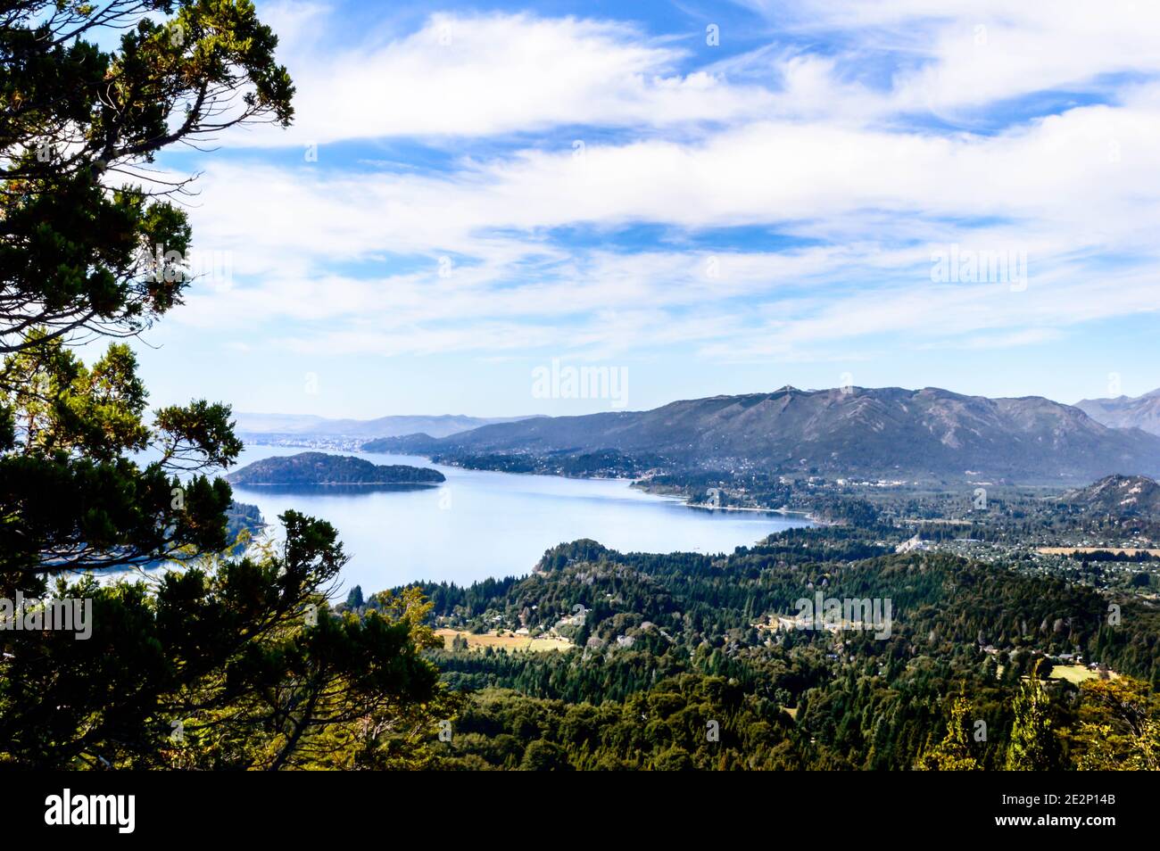 Lake in Bariloche in the summer of March. Sunny. Water and pine trees ...