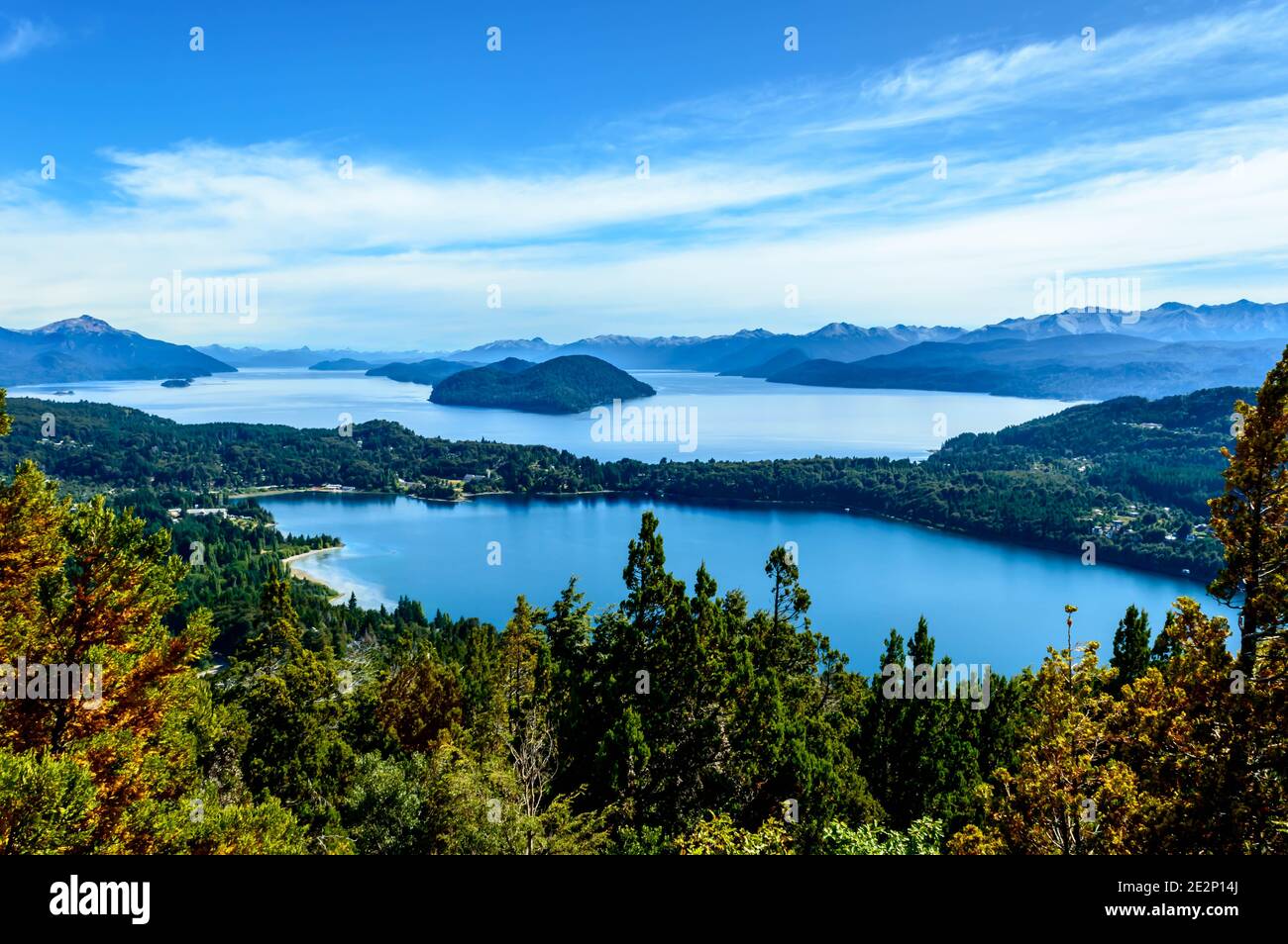 Lake in Bariloche in the summer of March. Sunny. Water, pine trees and ...