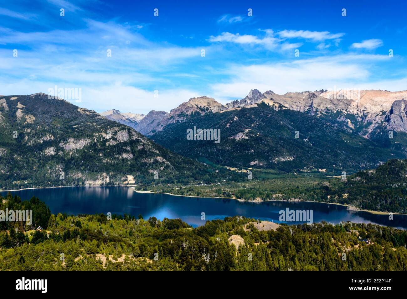 Lake in Bariloche in the summer of March. Sunny. Water and pine trees ...