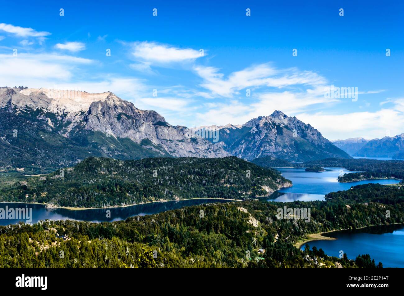 Lake in Bariloche in the summer of March. Sunny. Water and pine trees ...