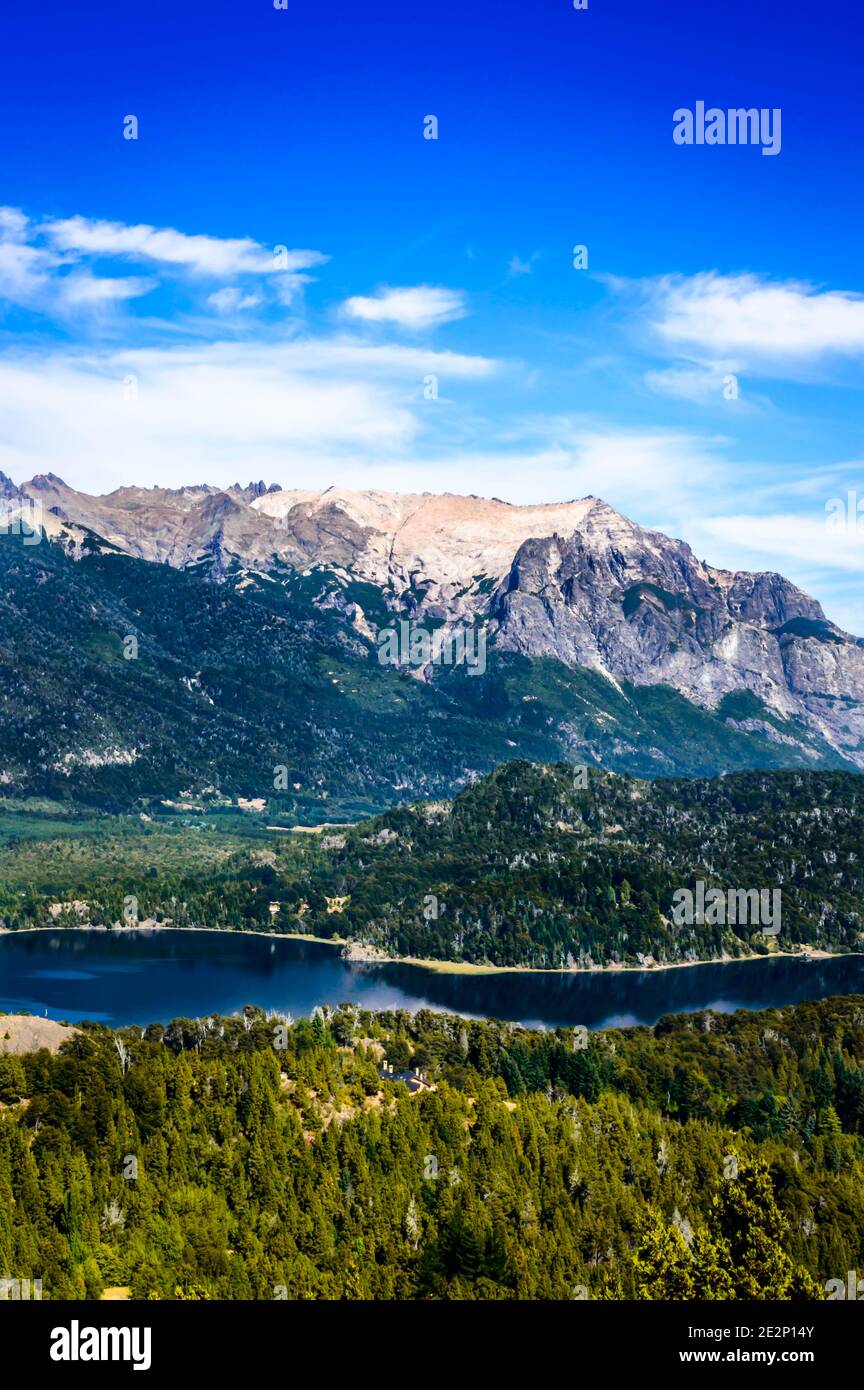 Lake in Bariloche in the summer of March. Sunny. Water and pine trees ...