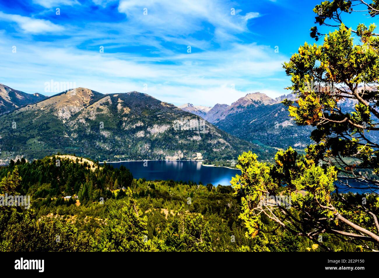 Lake in Bariloche in the summer of March. Sunny. Water and pine trees ...