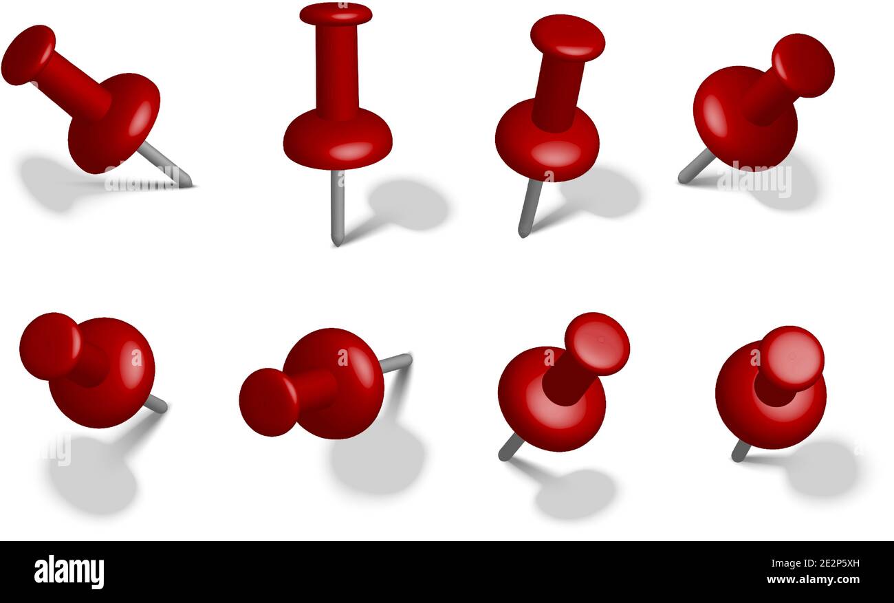 realistic vector paper stationary red pins in different views. Isolated ...