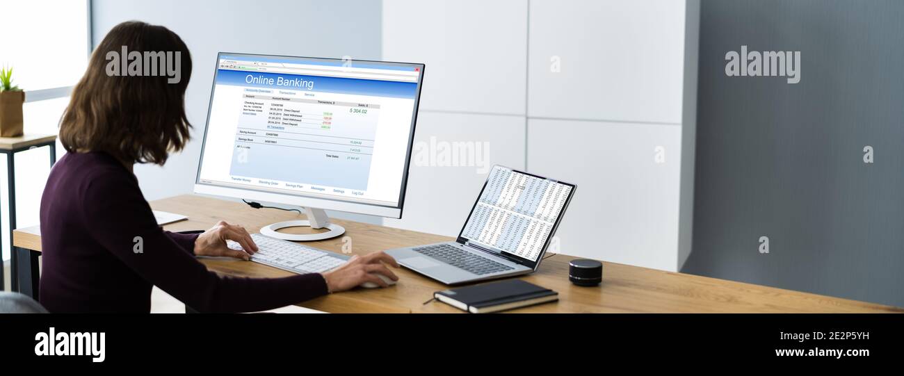 Online Internet Banking. Woman Checking Money Balance Stock Photo - Alamy
