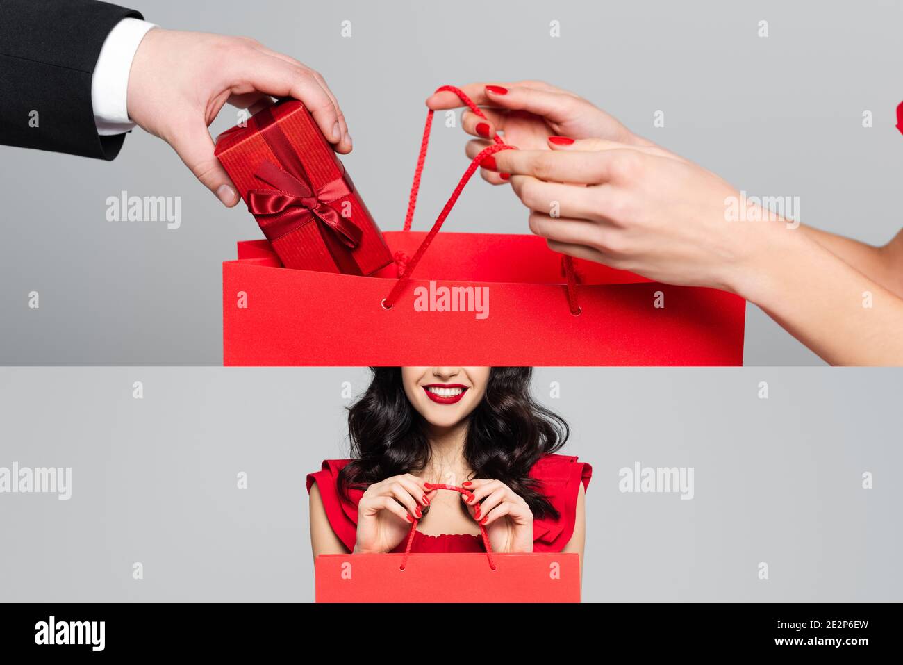 collage of man putting gift box in paper bag in hands of woman with red ...
