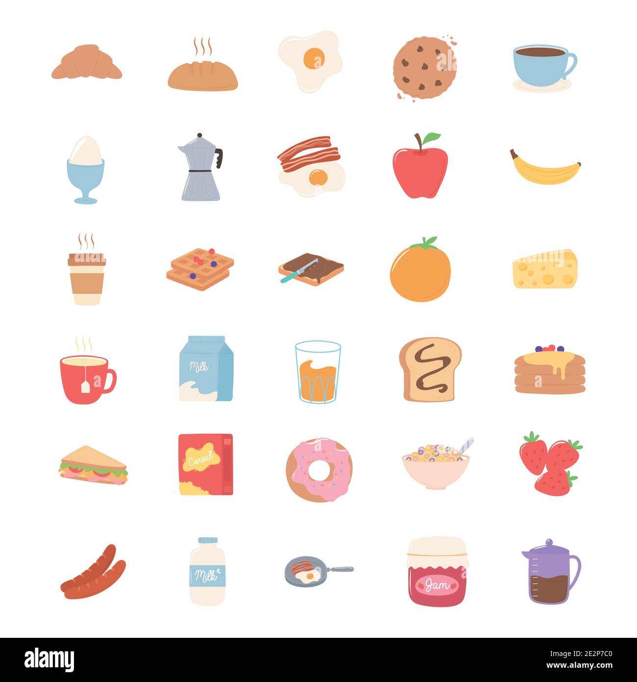 breakfast icons set, croissant bread juice fruits sandwich milk ...