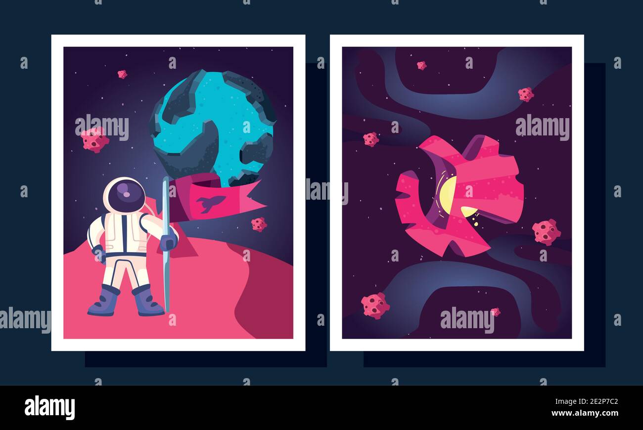 Space astronaut and planet in frames of universe cosmos and futuristic ...