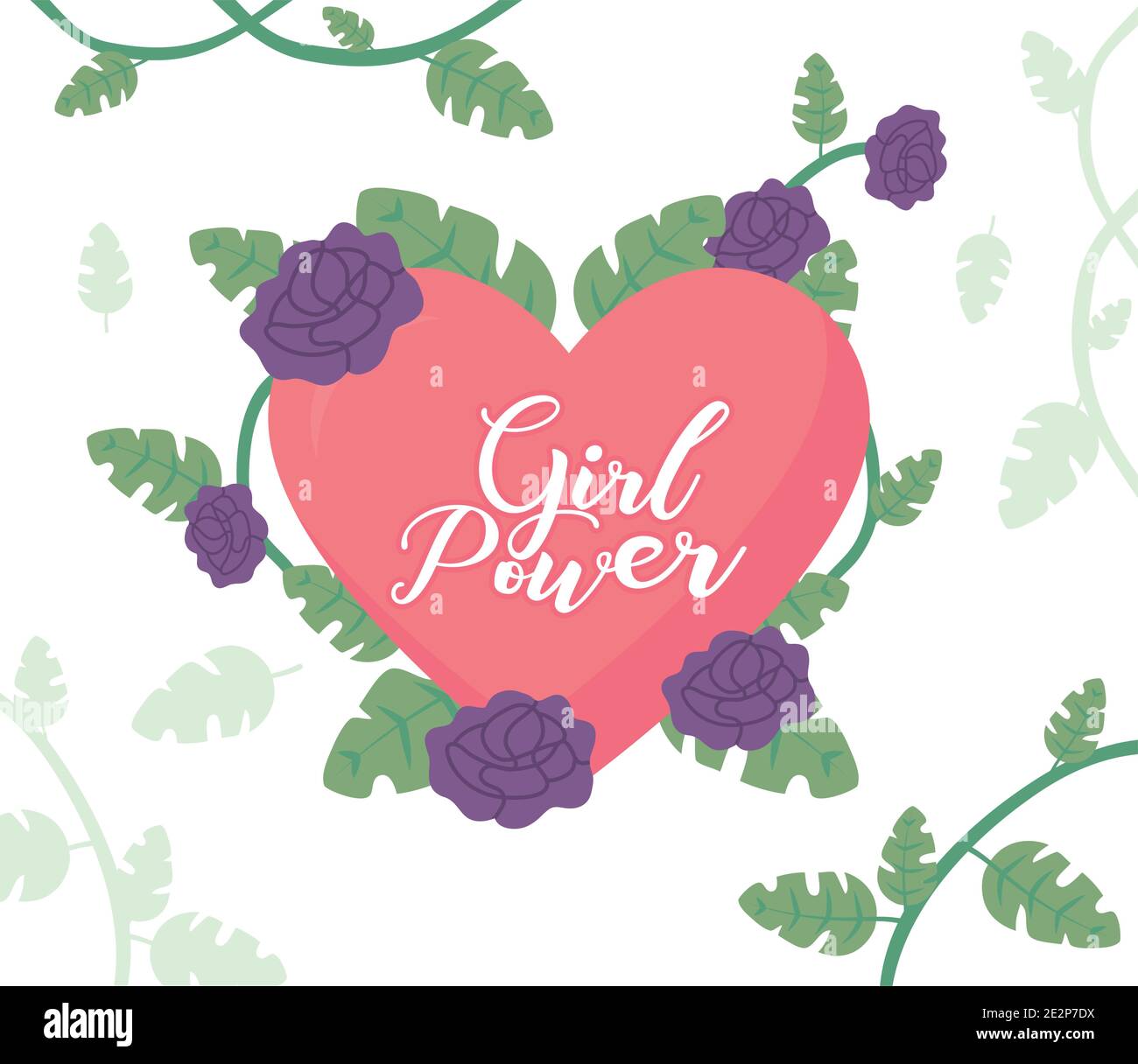 girl power design with pink heart, flowers and tropical leaves over ...