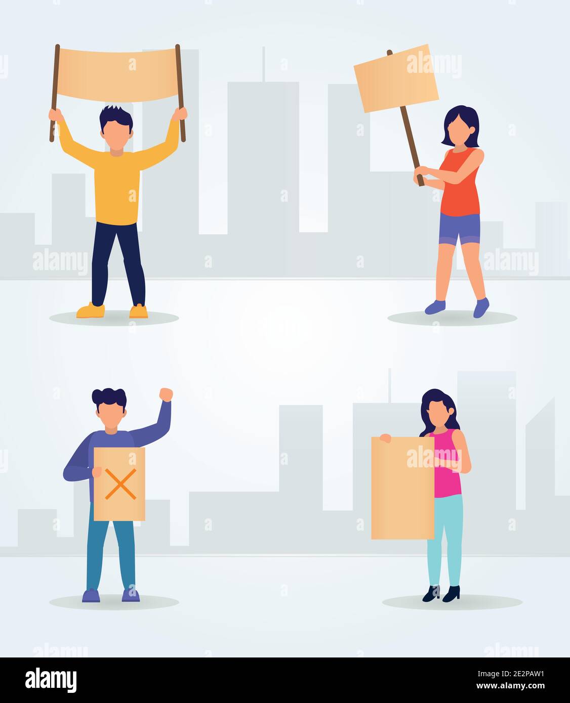 icon set of protesting people with placards over gray background ...