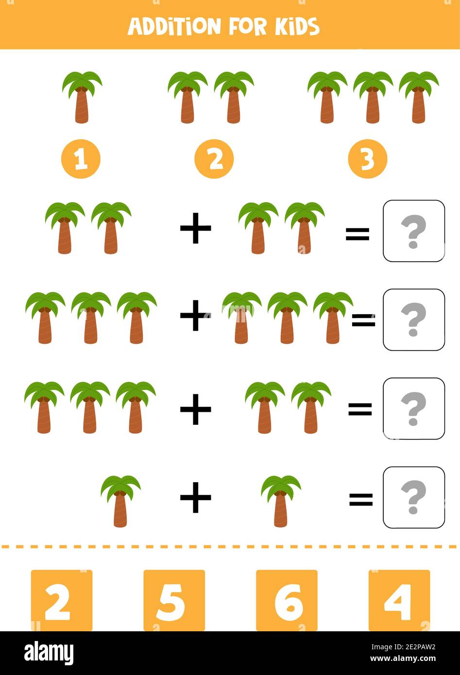 Addition worksheet with cartoon palm tree. Math game Stock Vector Image ...