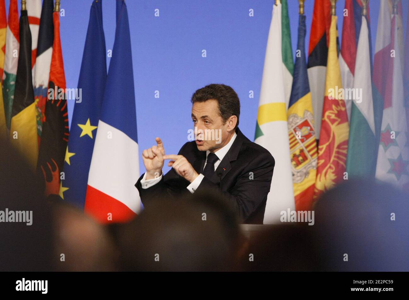 President Nicolas Sarkozy delivers a speech, as part of the ...