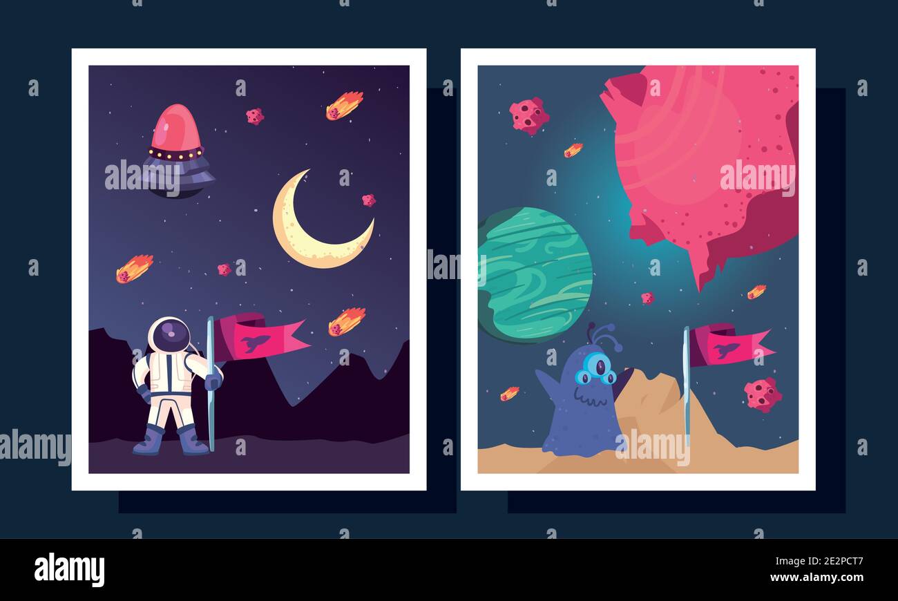 Space astronaut and alien cartoon in frames of universe cosmos and ...