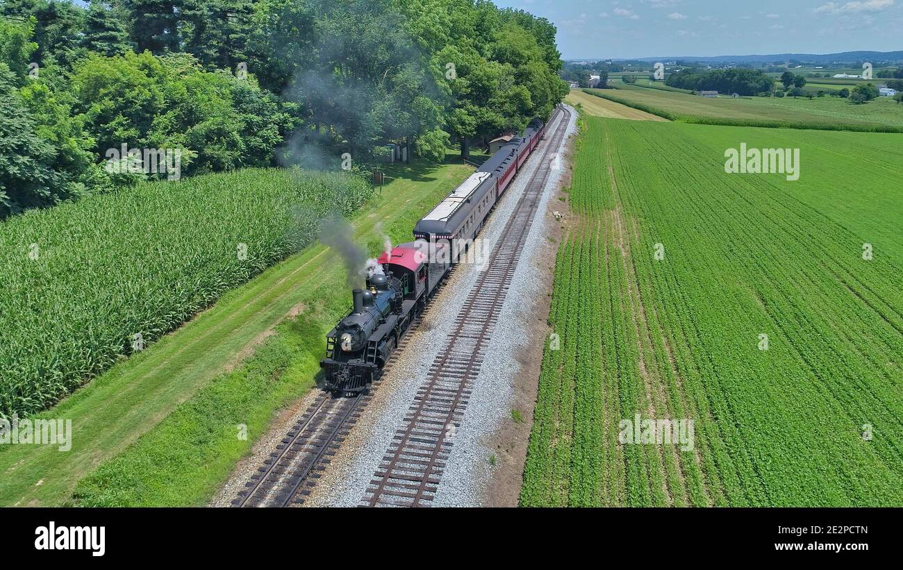 Aerial View of a Restored Antique Steam Engine and Passenger Cars ...